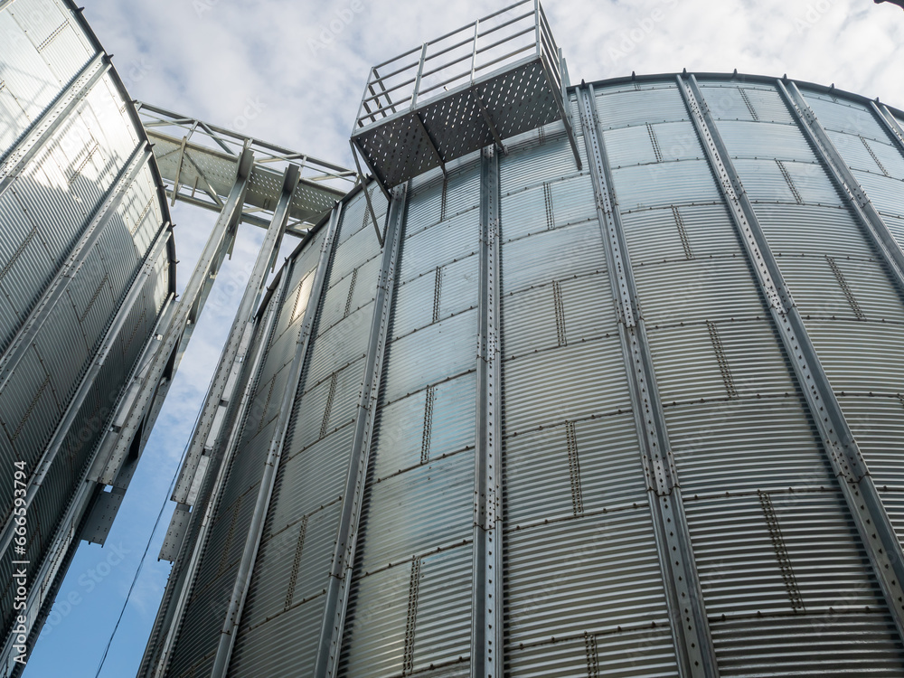 Paddy rice storage steel silo in a milling plant. Agriculture produces ...
