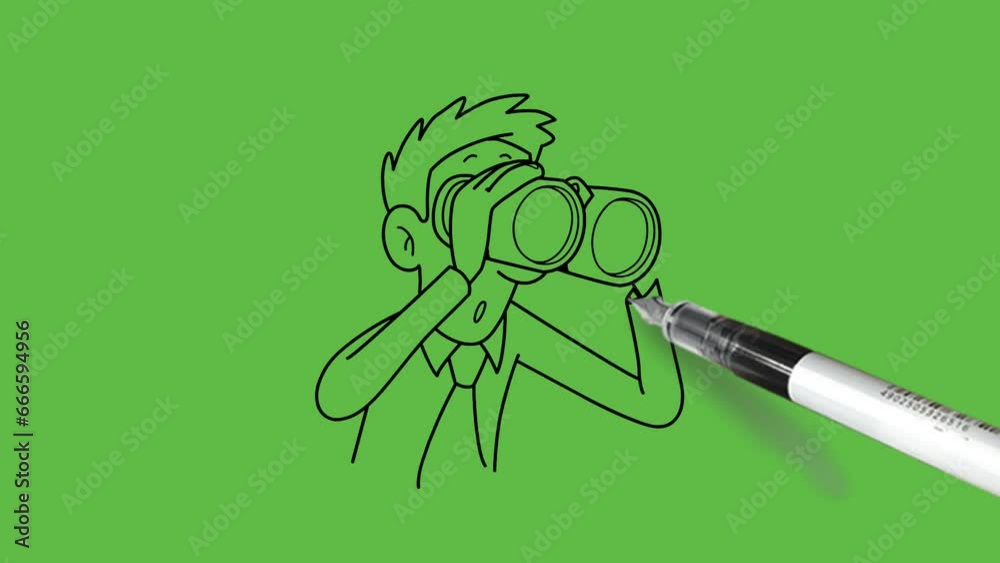 draw standing young man see through handy telescope in grey frame hold ...