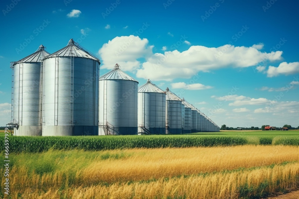 Outdoor farm silos for grain storage and drying against blue sky with ...