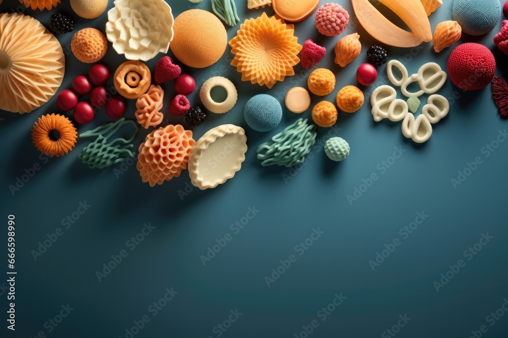 3D printed food in innovative shapes background with empty space for ...