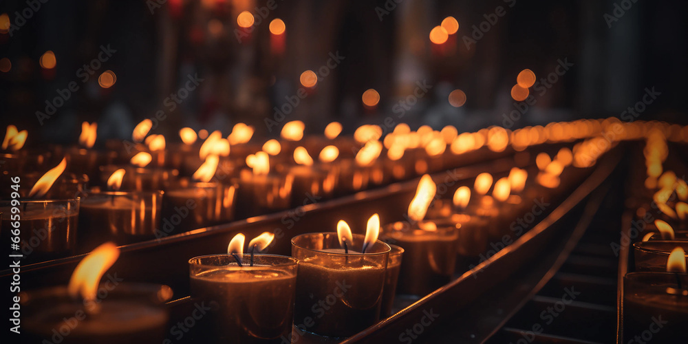 Row of candles in a church a symbol of religion and a memory of beloved ...