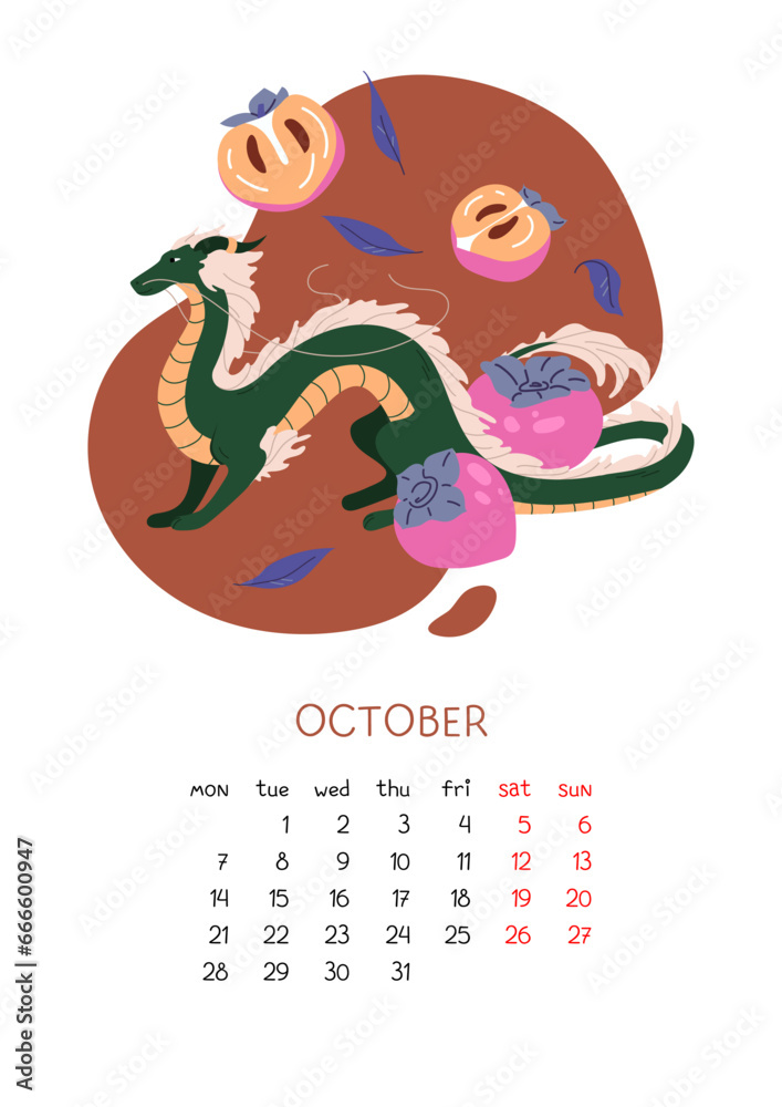 2024 calendar with Chinese dragon and bright persimmon. Planner for ...