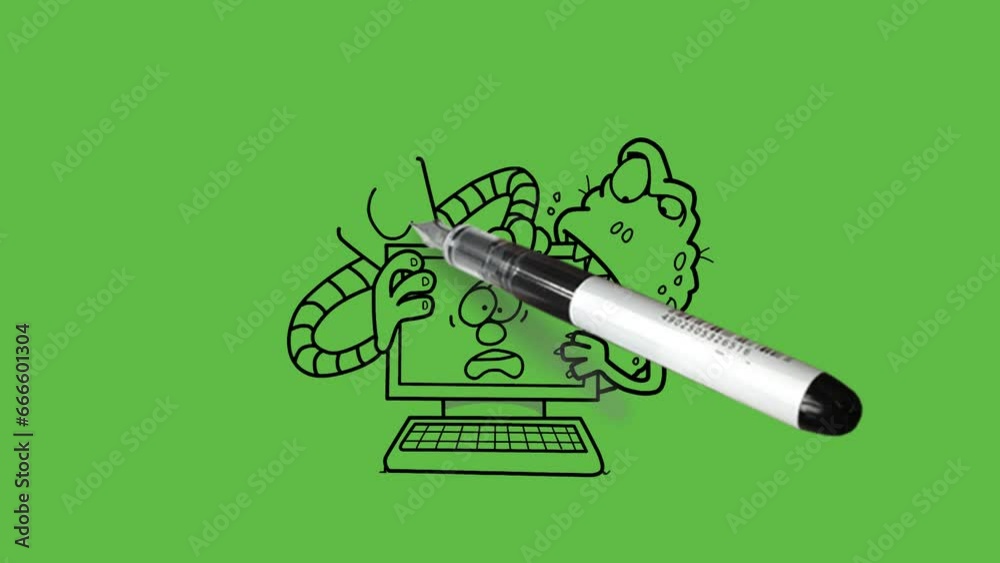 draw two cartoon character young man see behind working computer with ...