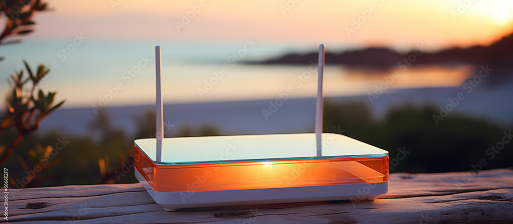 Wi-fi router on the sea beach by the hotel. Oceanfront wifi internet ...