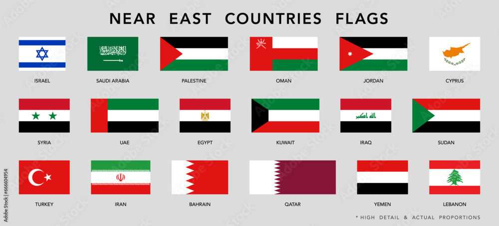 Near east countries flags set. High detail and actual proportions ...