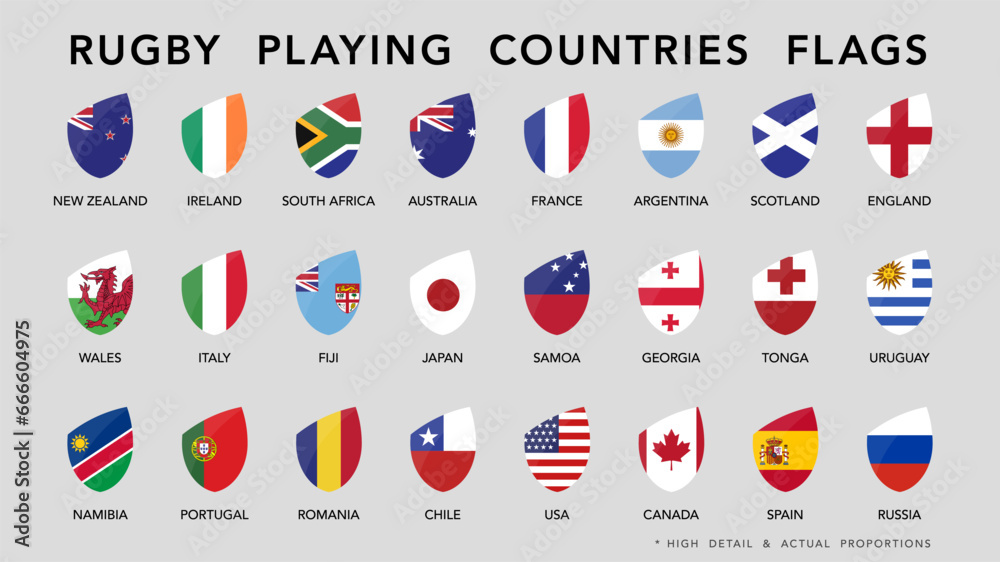 Rugby playing countries flags set. High detail and actual proportions ...