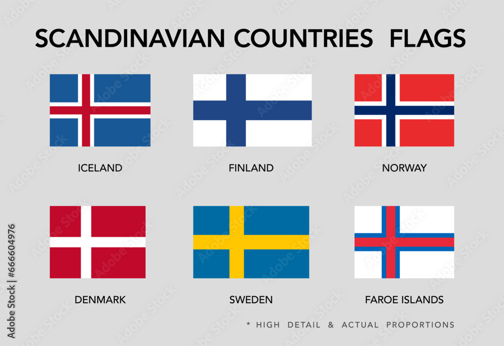 Scandinavian countries flags set. High detail and actual proportions ...