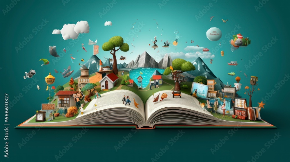 An open book where the elements and characters of the stories it tells ...