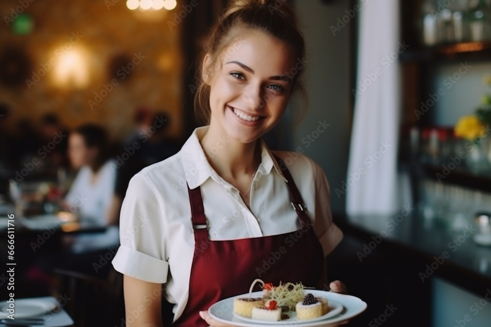 Smiling woman waiter with two plates of cheesecake in restaurant ...