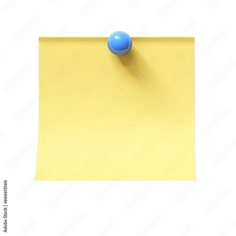 Yellow sticky note with big blue push pin isolated on transparent ...