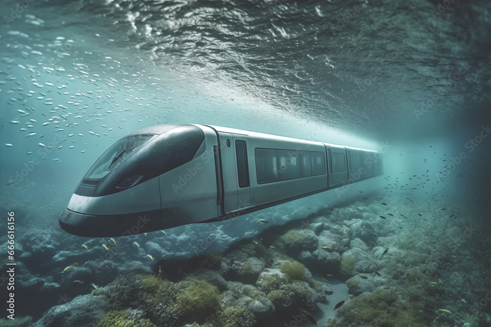 Train in Underwater railway. Underwater high-speed train on underway ...