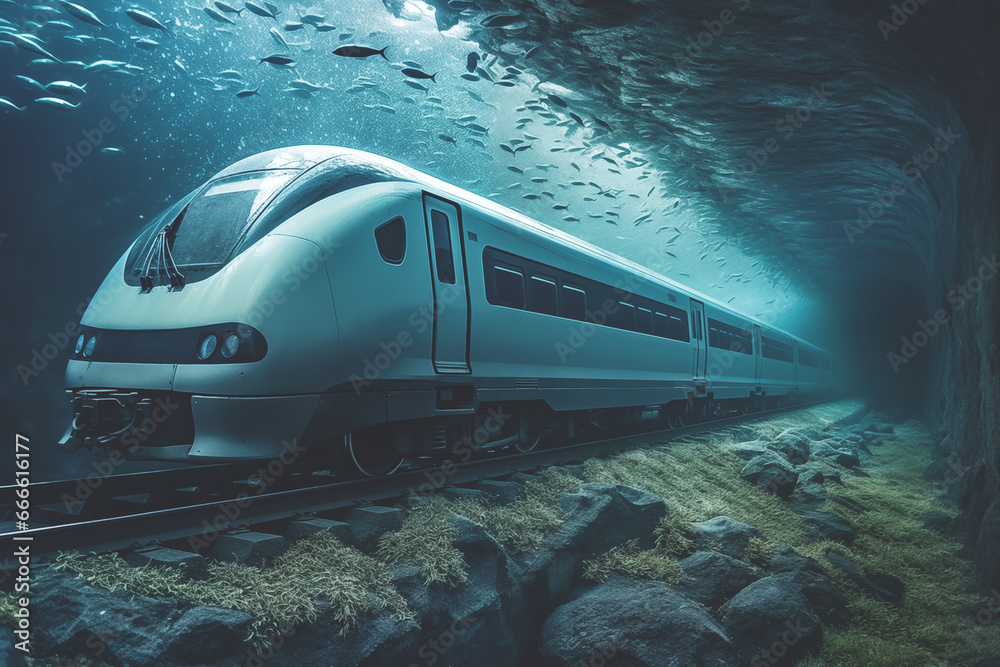 Train in Underwater railway. Underwater high-speed train on underway ...