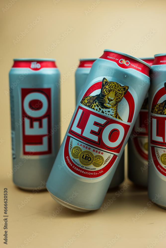 Bangkok, Thailand - October 23, 2023 : The new design can is a Leo Beer ...