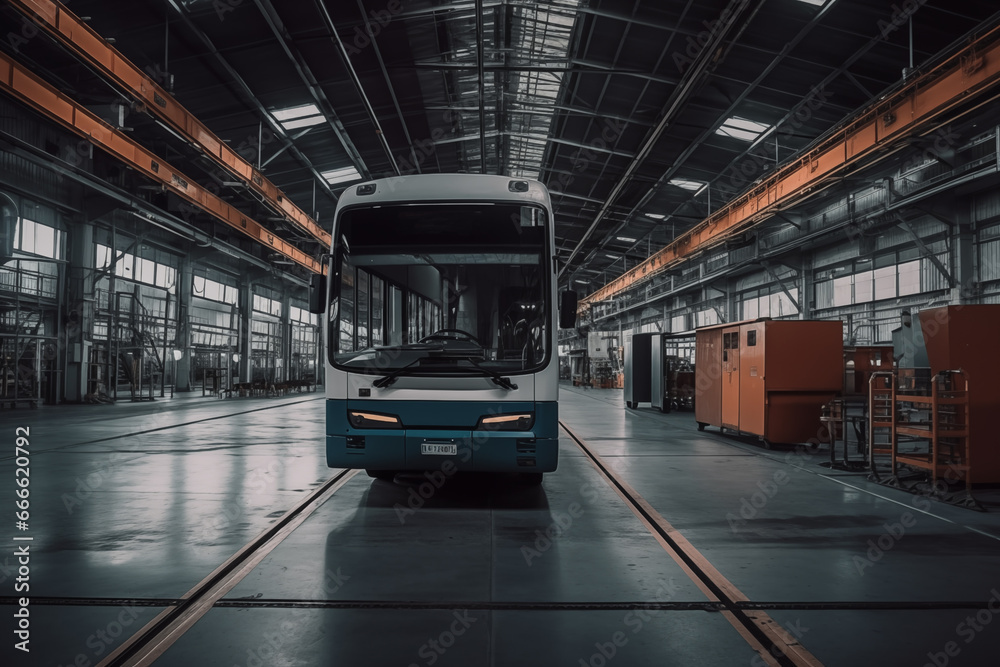 Bus Manufacturing Workshop of EV automobile factory plant. Production ...