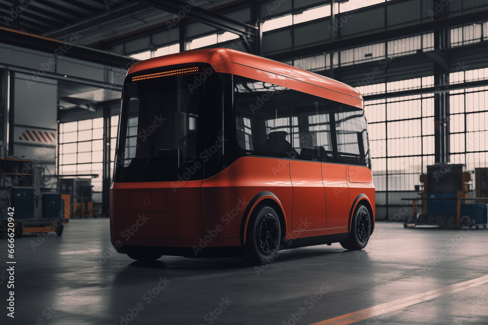 Bus Manufacturing Workshop of EV automobile factory plant. Production of electric passenger ...