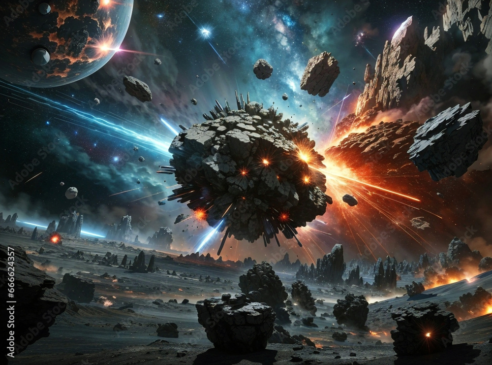 space battle, spaceships fighting near near an alien planetary system ...