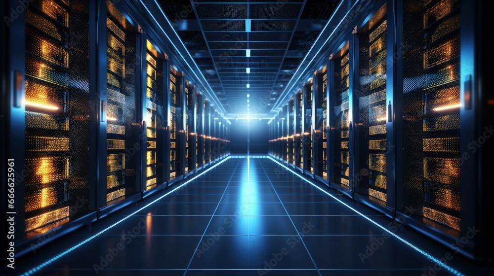 Dark room server racks in data technology center depicting Internet of ...