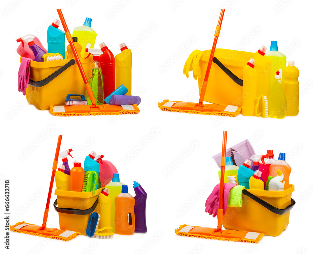 Plastic mop and bucket with cleaning supplies isolated on white ...