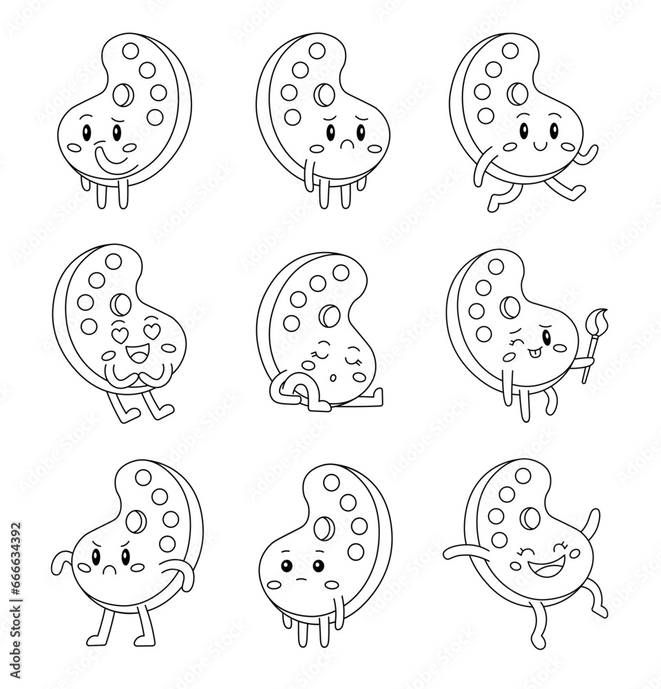 Cute palette character. Coloring Page. Kawaii paint board in different ...