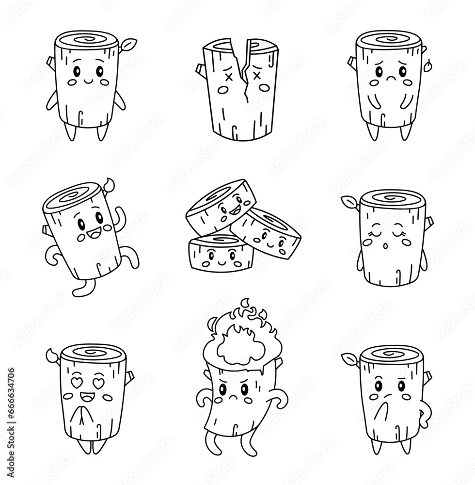 Cute log character. Coloring Page. Kawaii tree stump in different funny ...