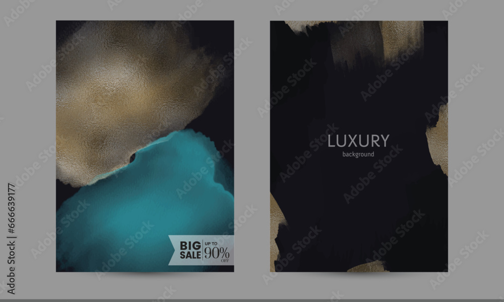 abstract luxury painted gold and blue brochure template on black dark ...
