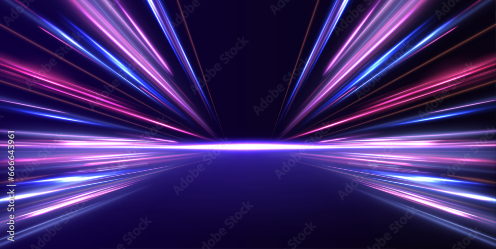 Acceleration speed motion on night road. Laser beams luminous abstract ...