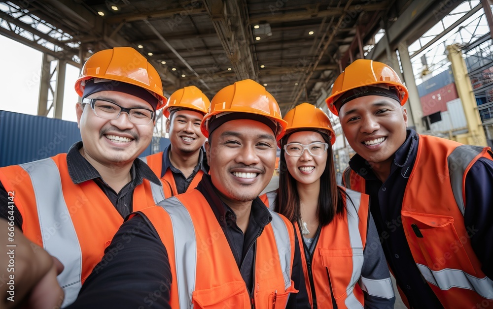 Construction worker, selfie and portrait with smile outdoor of builder ...