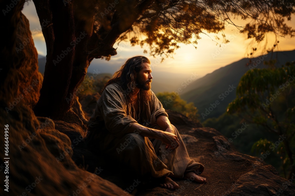 Jesus in a serene moment of silent contemplation in the wilderness ...