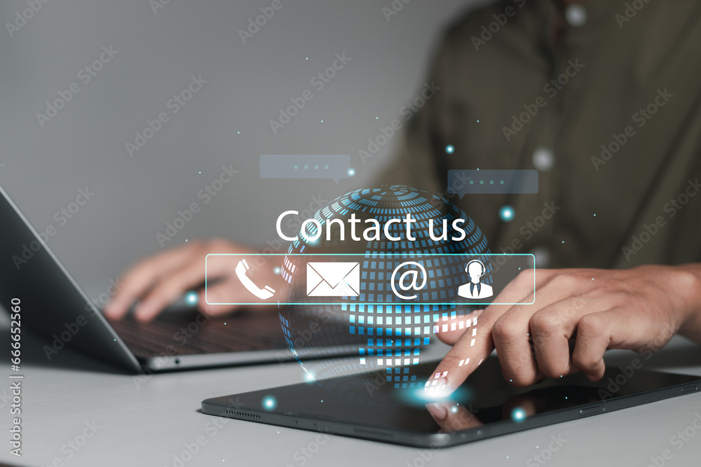 Customer support center contact us. Businessman using computer laptop ...