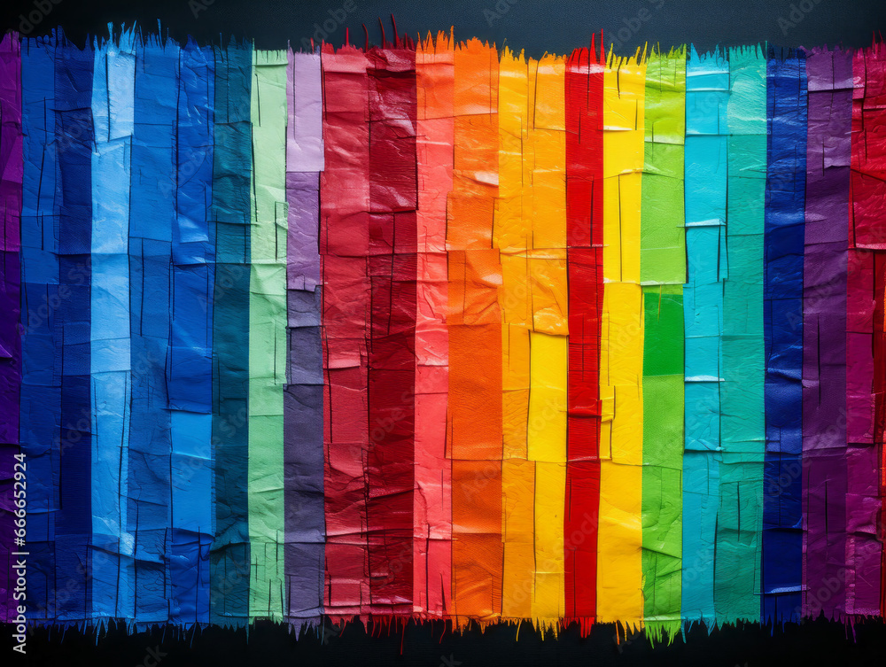 Stripes of the LGBTQI+ flag made from strips of fabric and paper ...