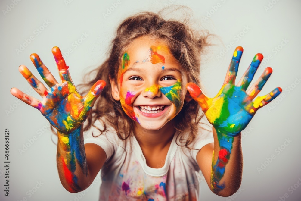 Cute and cheerful Caucasian girl immersed in random finger painting ...