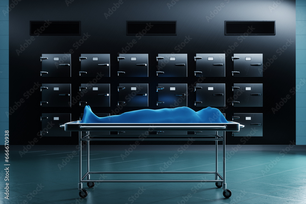A corpse covered with a blue cloth on a table in a morgue against the ...