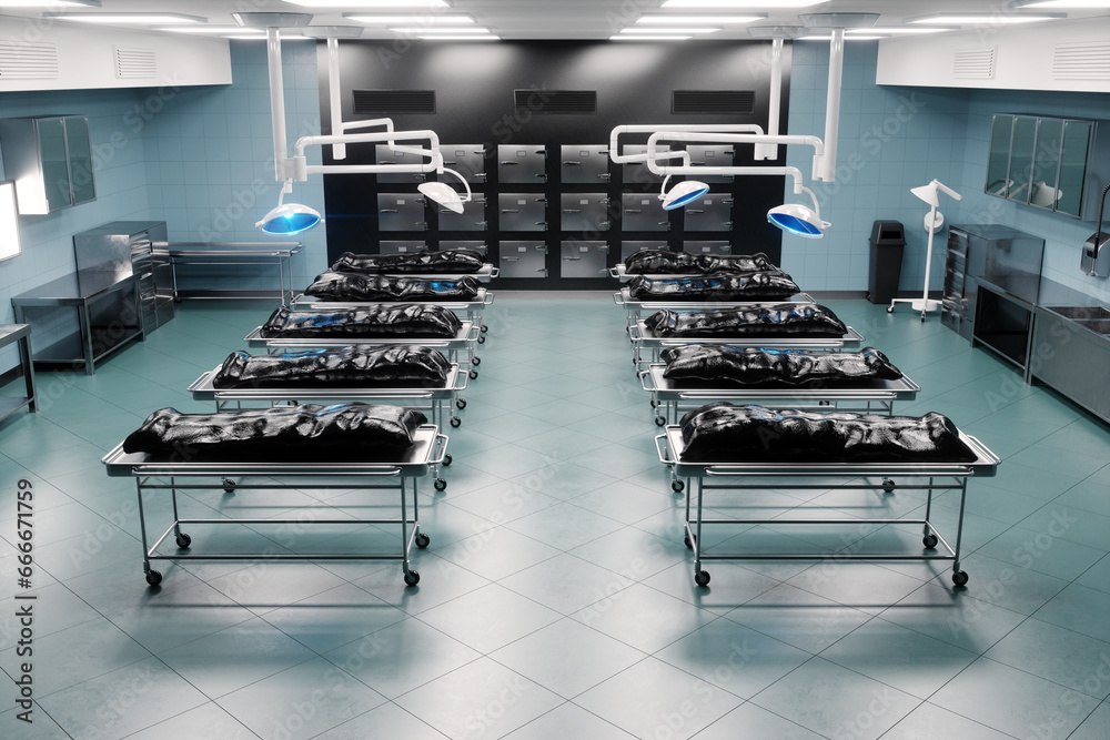 Many corpses in bags lie on tables in the morgue. The concept of death ...