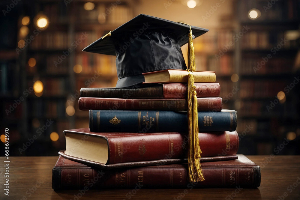 Graduation cap and book isolated on a stack of books and diploma Ai ...