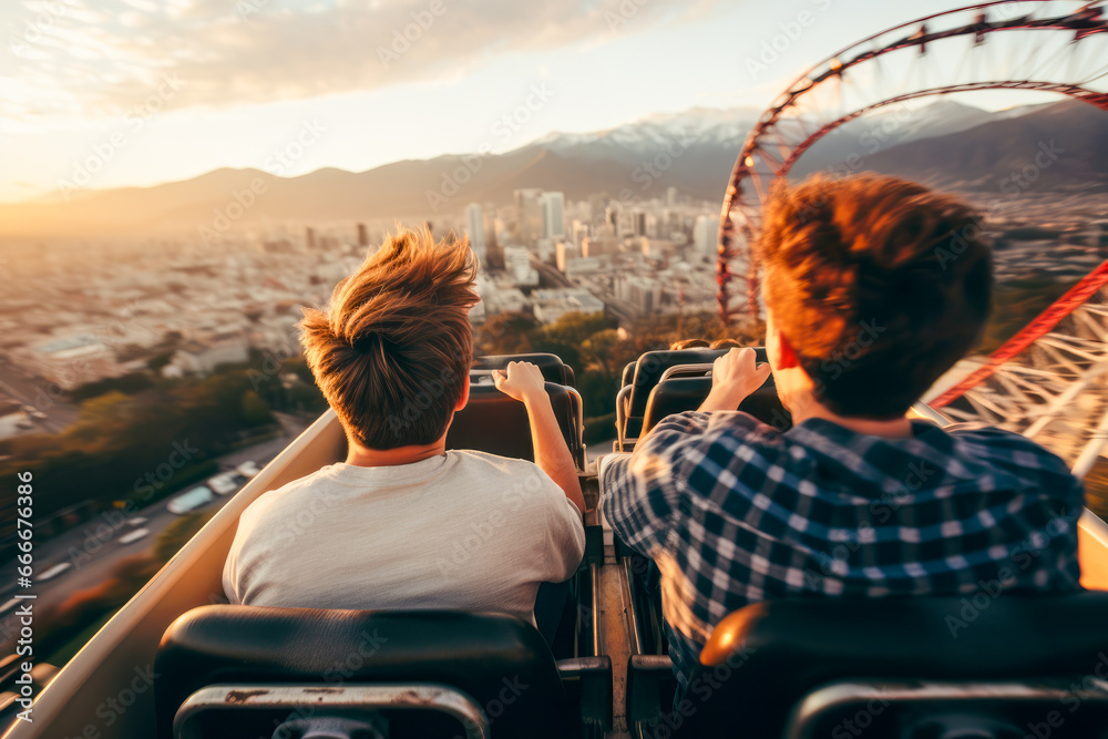 Boys In Roller Coaster At The Highest Point Above The City. Ai ...