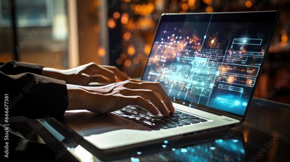 Hands typing on a laptop with futuristic digital overlays related to data science Stock Photo ...