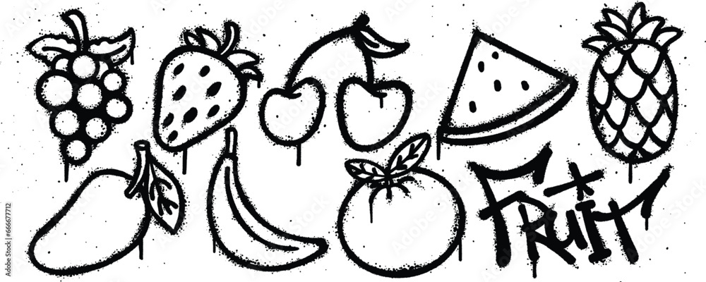 Set fruit graffiti spray paint. Collection of grape, strawberry, cherry ...