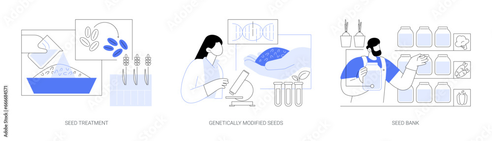 Seed treatment and modification isolated cartoon vector illustrations ...