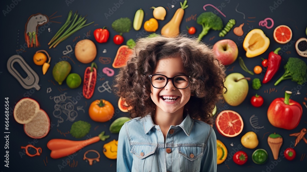 A child in a cute outfit imagines various foods on a textured wall ...