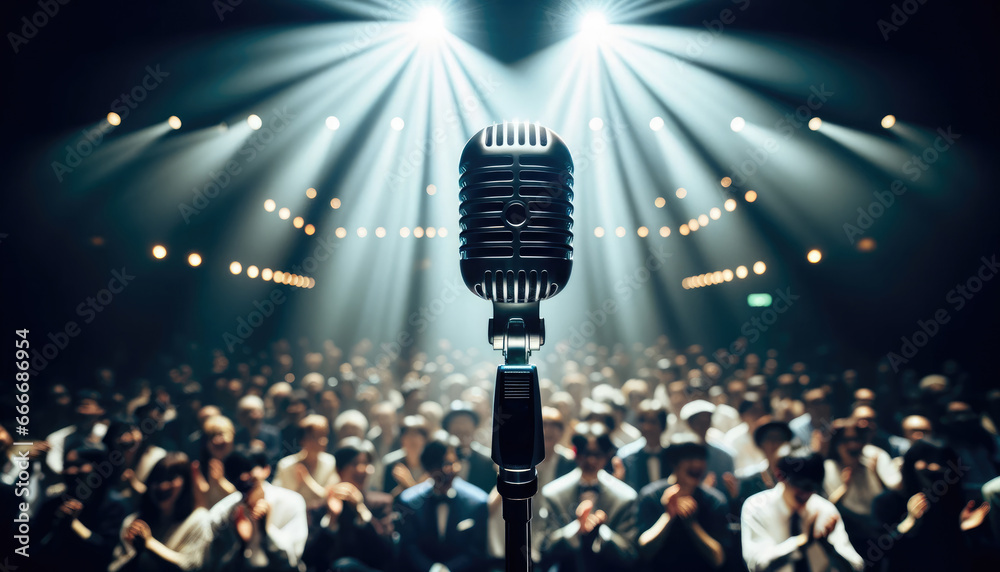 Modern microphone positioned in centre stage, with intense spotlights ...
