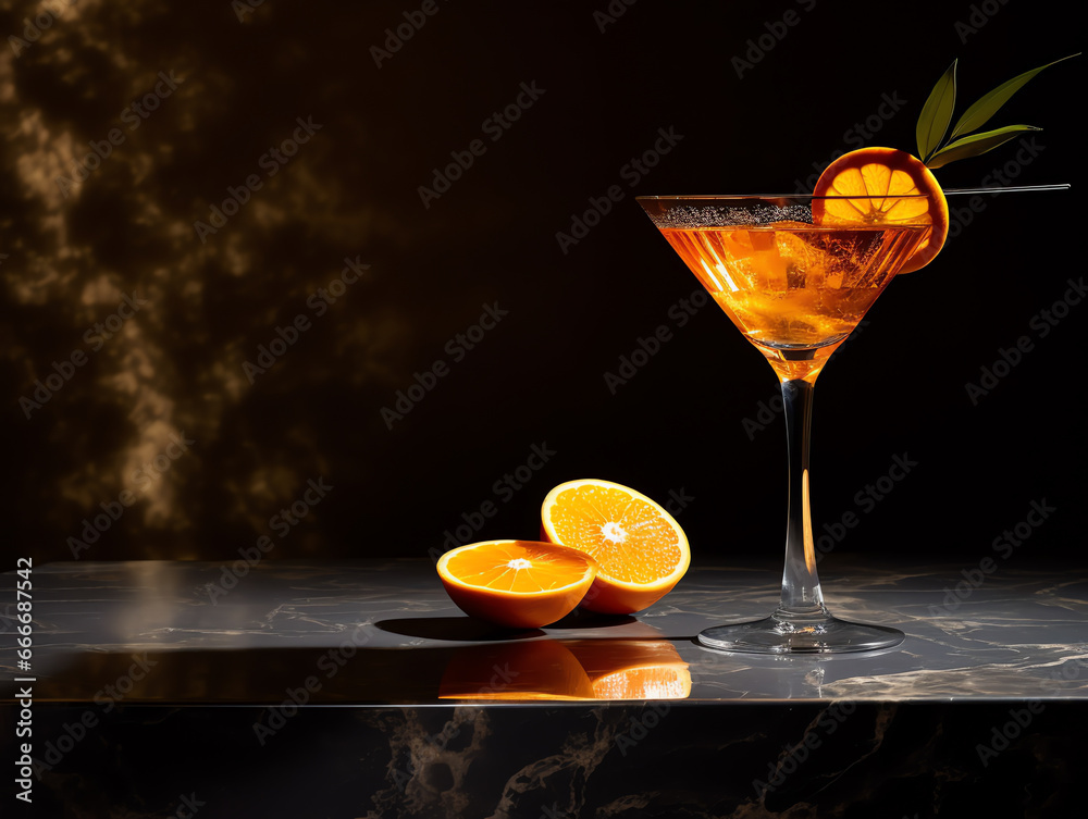 Cocktail with fresh orange on light and shadow in night bar Stock Photo ...