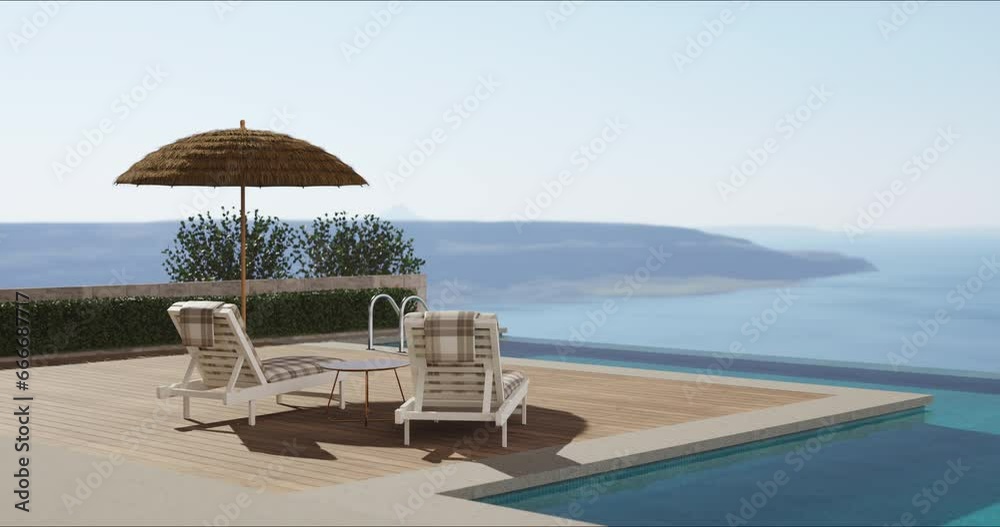 Swimming pool with beach lounge chair sun bed on the wooden deck and ...