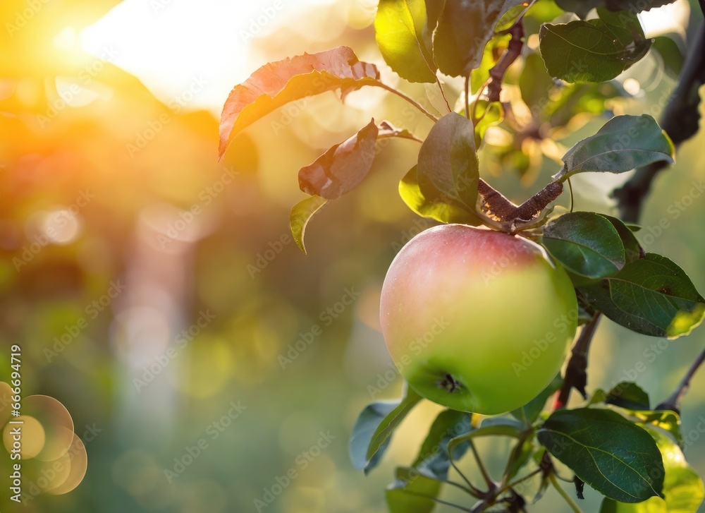 apple grows on a tree in the harvest garden on everning sun flare with ...
