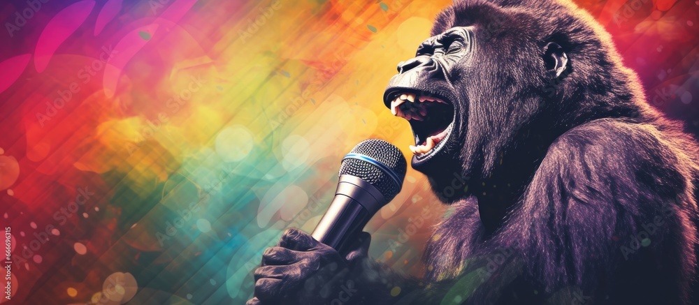 Superstar singing gorilla animals that sing into the microphone, with copy text space. With ...