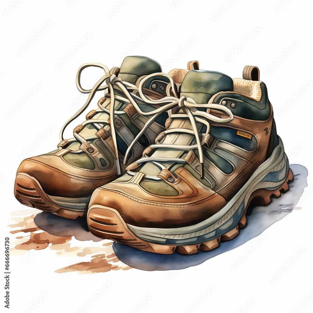 pair hiking shoes ground pencil drawing illustration chocolate rugged ...