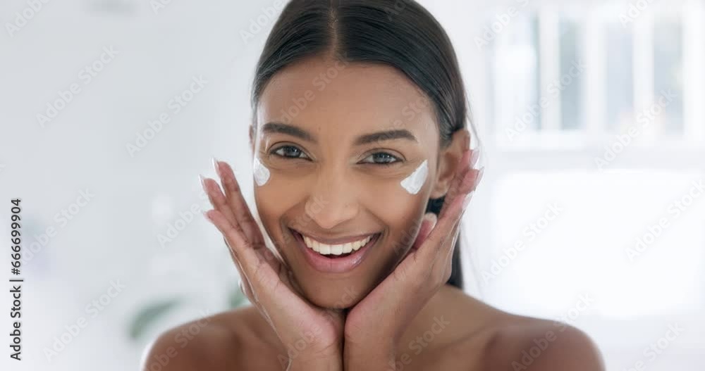 Skincare, bathroom and woman with cream in mirror for beauty routine ...