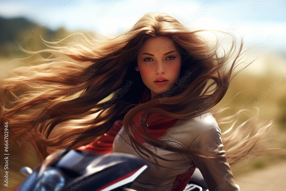 woman long hair riding motorcycle dirt road models floating wind ...
