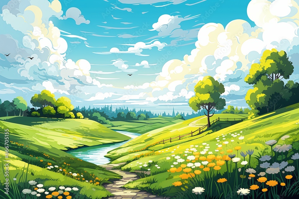 green field flowers trees vector view zoomed out heavenly landscape ...