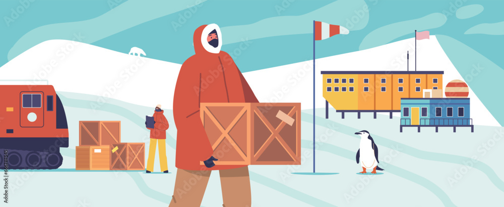 Polar Explorers Loading Wooden Boxes on Scientific Station. Scientist ...