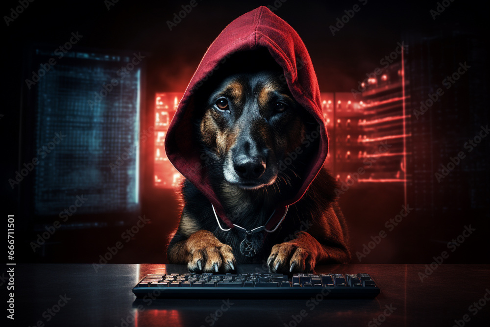 Hacker dog wearing a hoodie, sitting in front of a computer keyboard ...